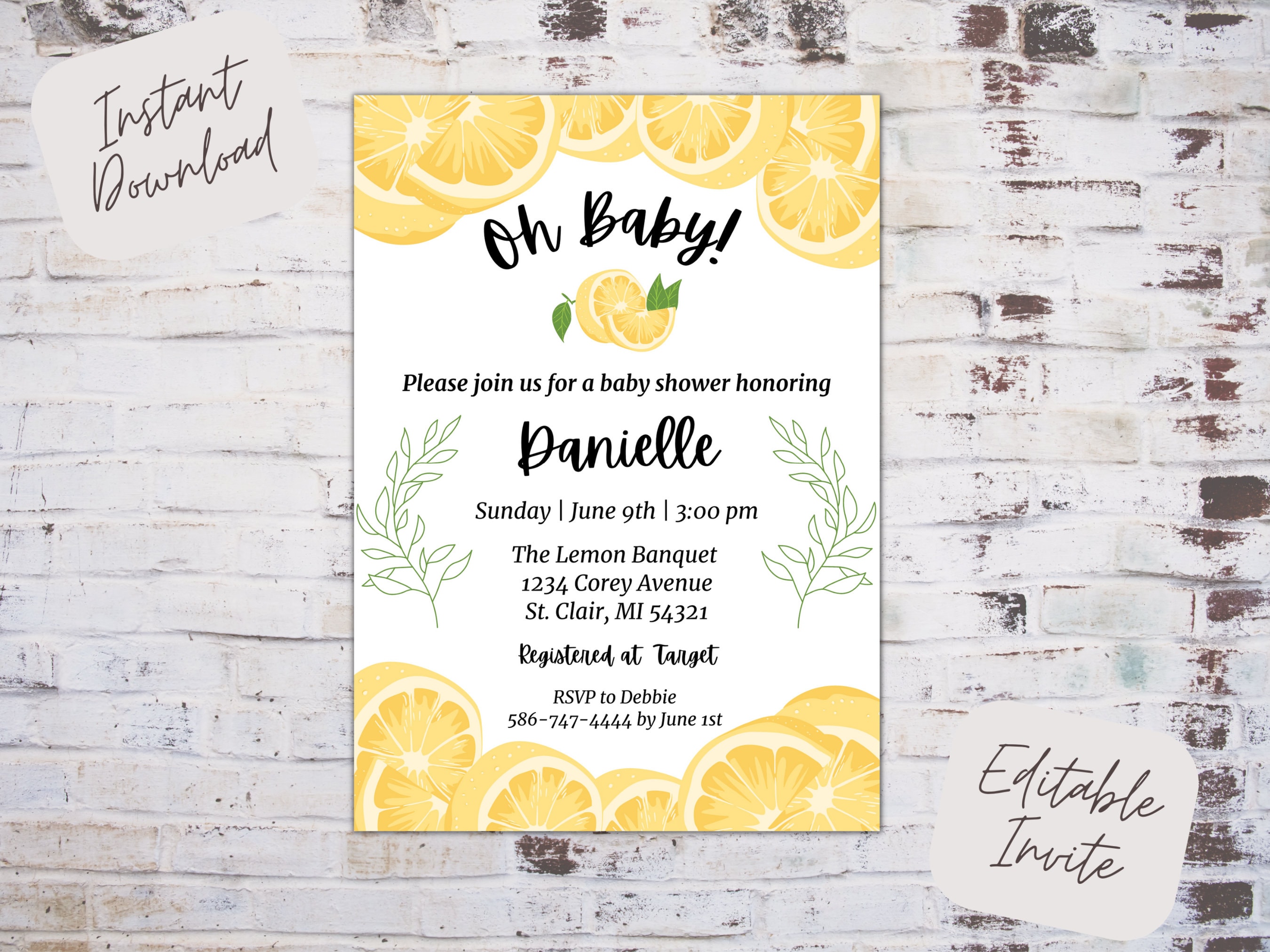 Editable Lemon Baby Shower Invitation, Lemon Baby Shower Theme, Lemon ...