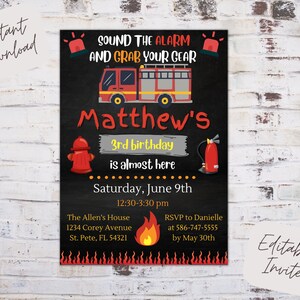 Editable Fire Truck Invitation, Fire Truck Birthday Invitation, Fire ...