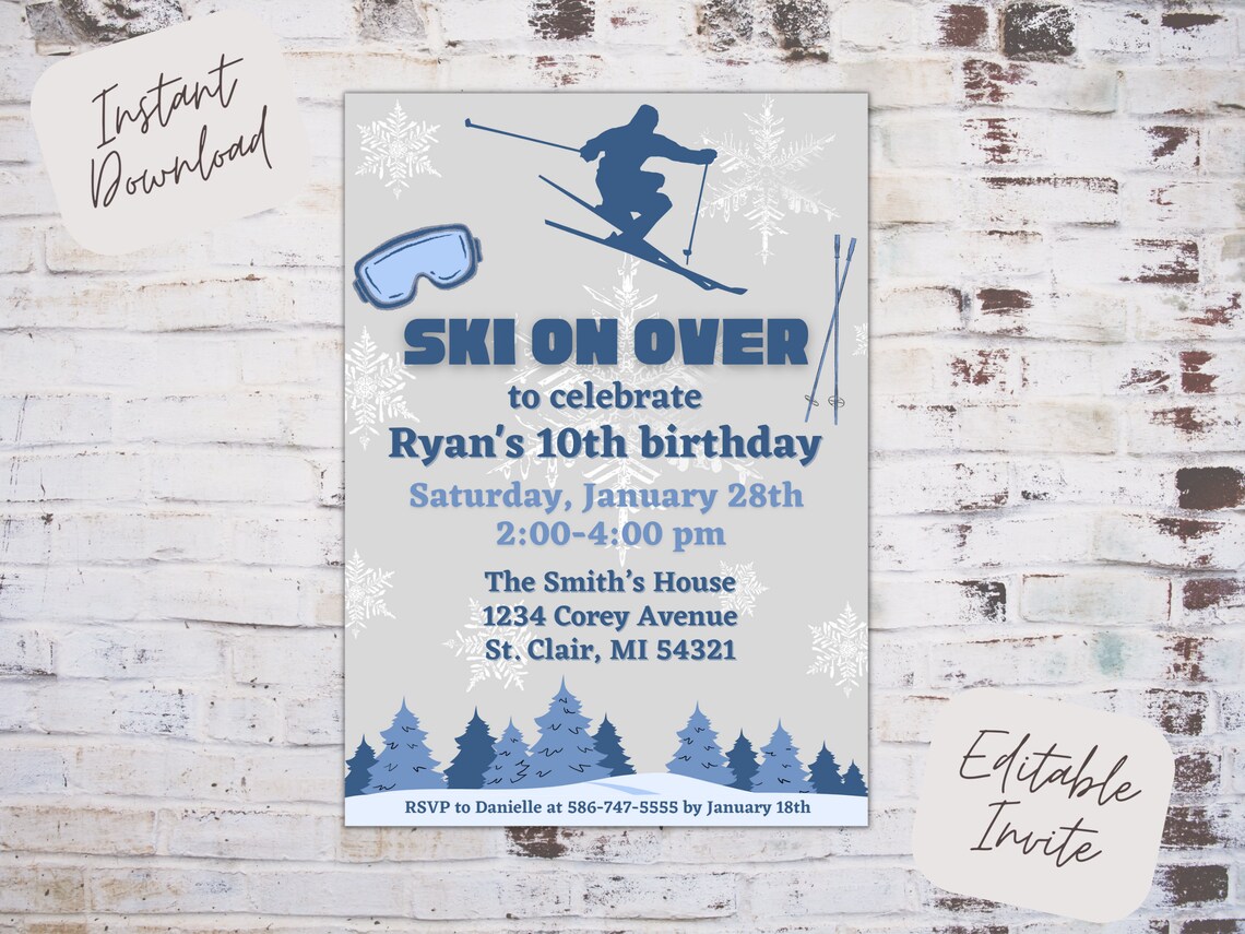 Editable Ski Birthday Invitation, Skiing Birthday Party, Ski Themed ...