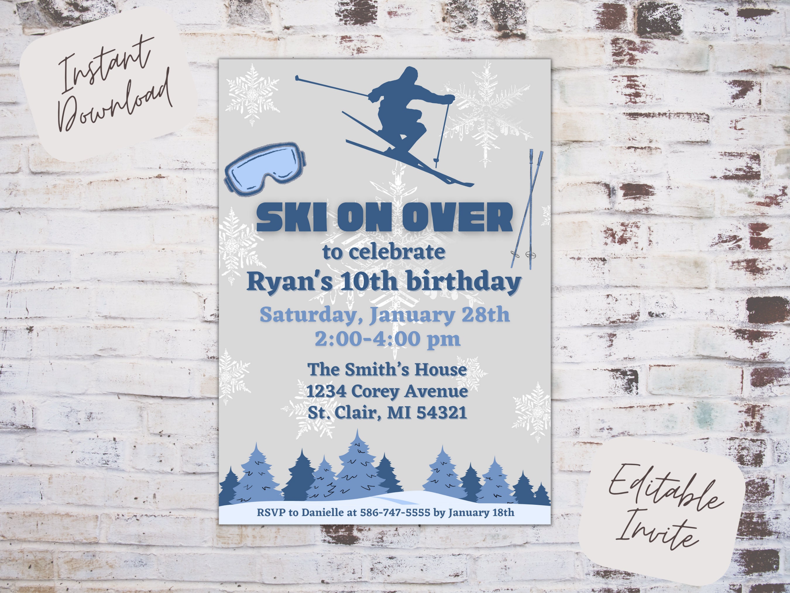 Editable Ski Birthday Invitation, Skiing Birthday Party, Ski Themed ...