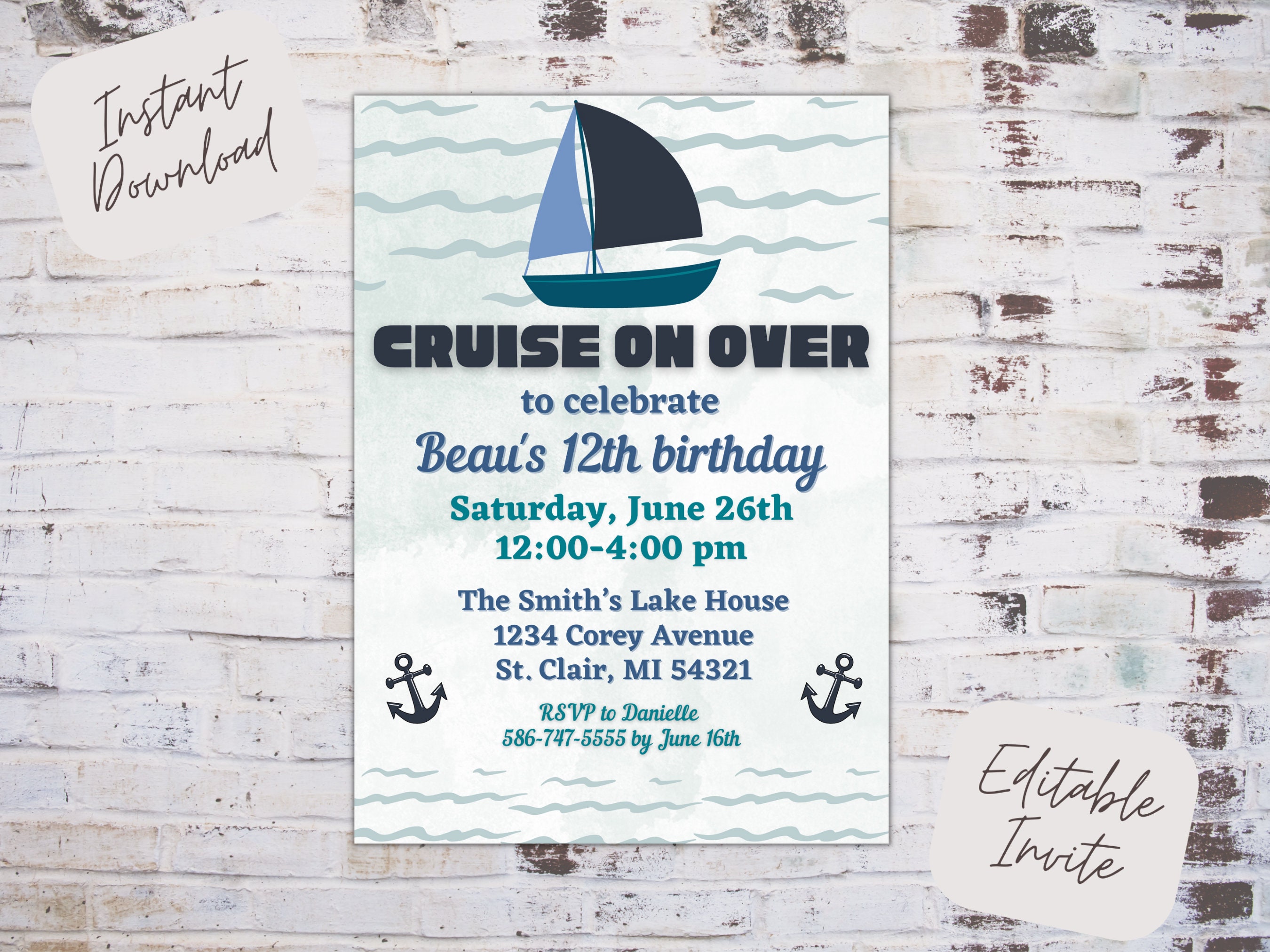 Editable Boating Birthday Invite, Sailboat Birthday Invite, Cruise on ...