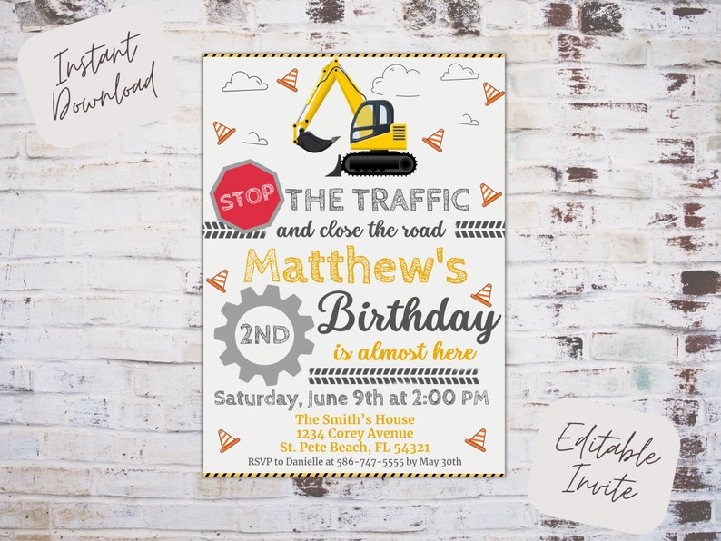 Editable Construction Birthday Invite, Construction Birthday Invitation ...