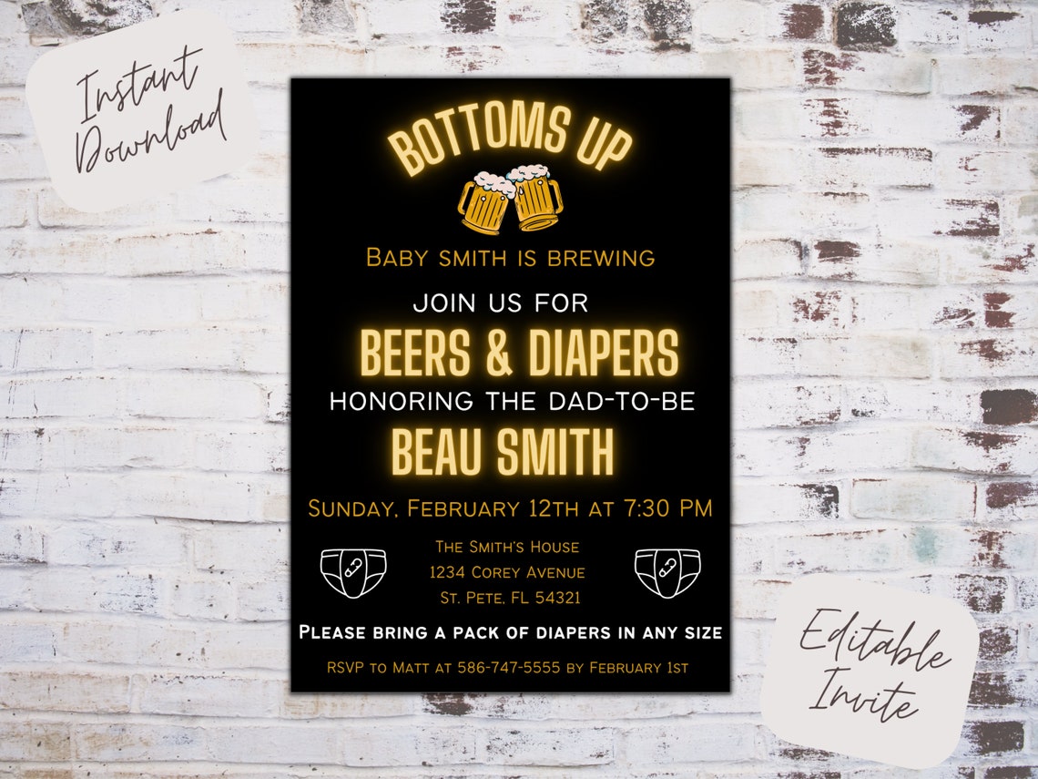 Editable Diaper Party Invite Beer and Diaper Party Diaper - Etsy