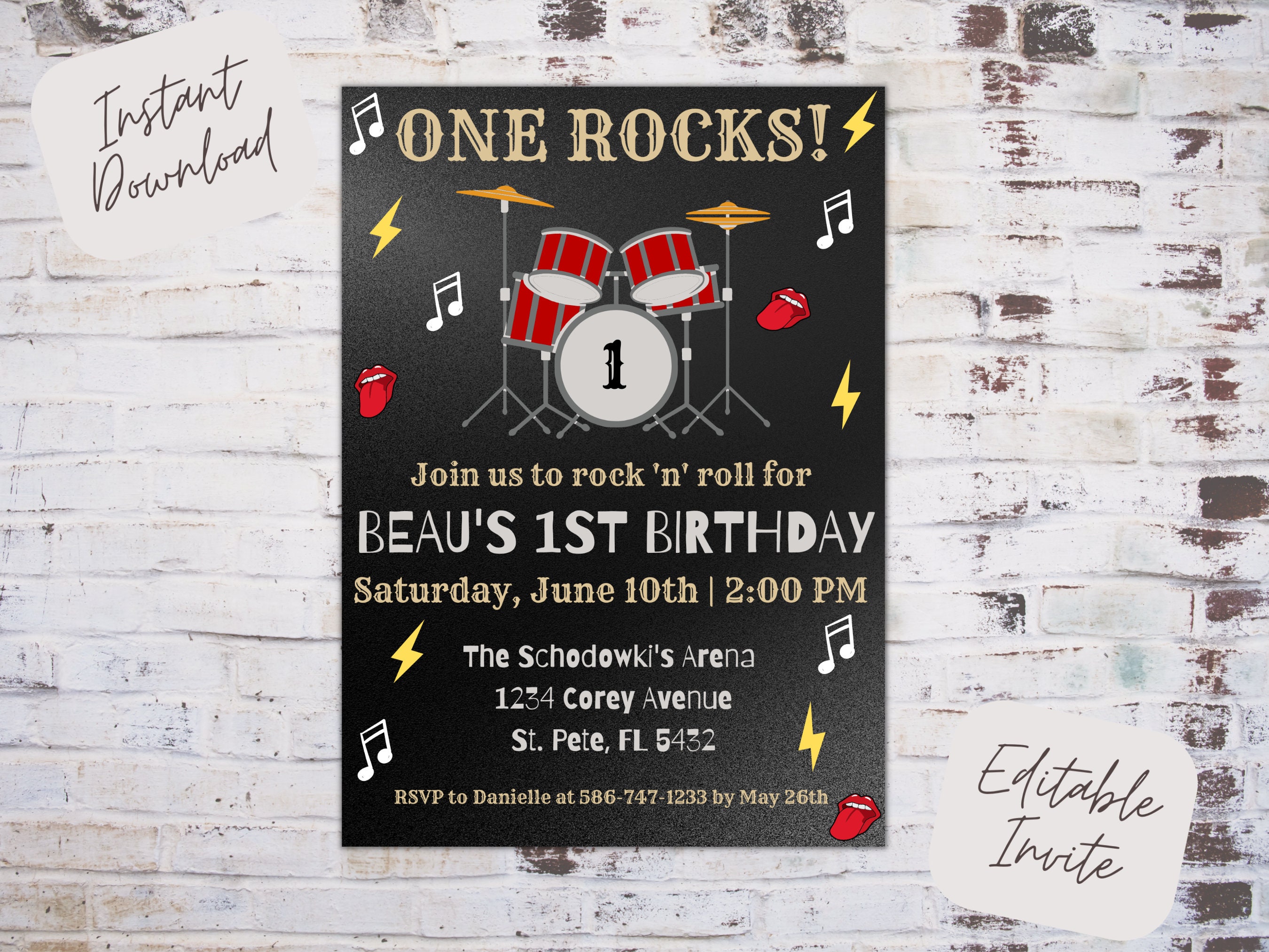 Editable One Rocks Birthday Invitation, Rock N Roll Birthday Invite ...