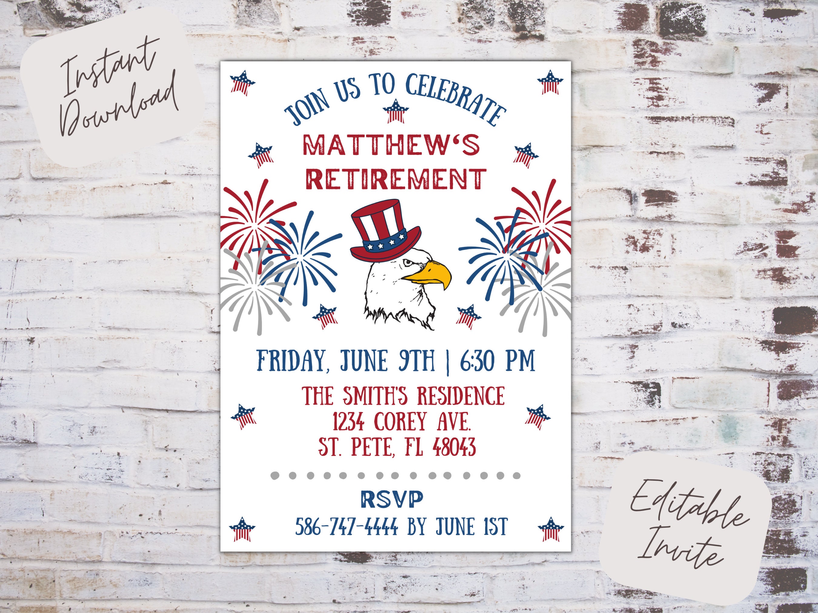 Editable American Retirement Invitation, Patriotic Retirement Invite ...