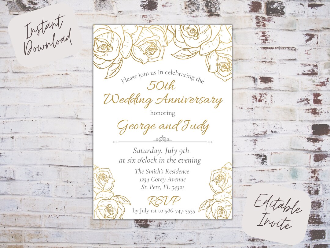Editable 50th Wedding Anniversary Invitation, Golden Wedding Invite ...