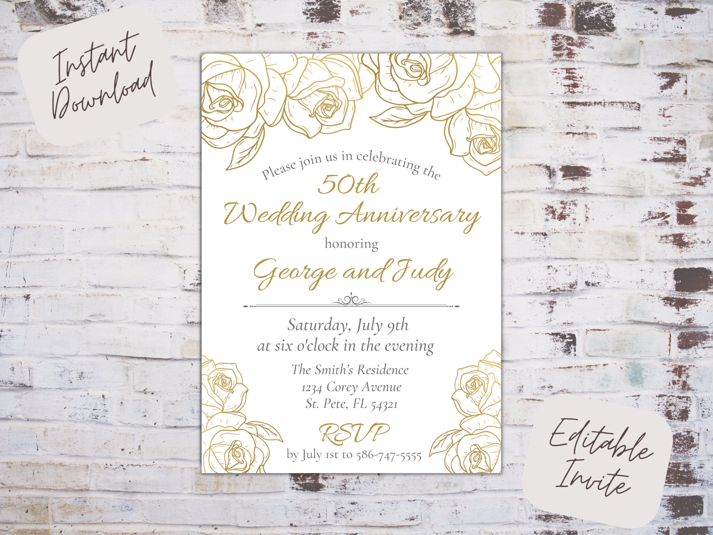 Editable 50th Wedding Anniversary Invitation, Golden Wedding Invite ...