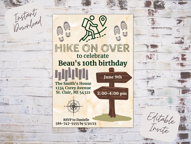 Editable Hiking Birthday Invitation, Hiking Birthday Invite, Hike on ...