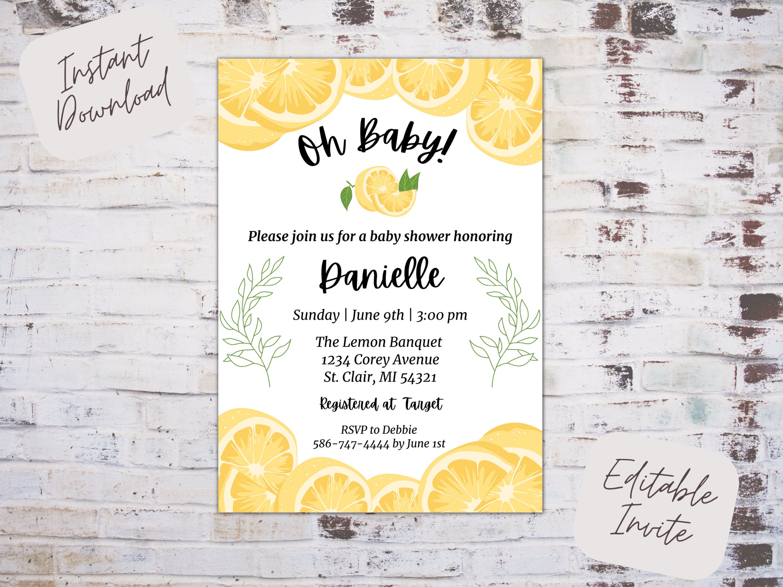 Editable Lemon Baby Shower Invitation, Lemon Baby Shower Theme, Lemon ...