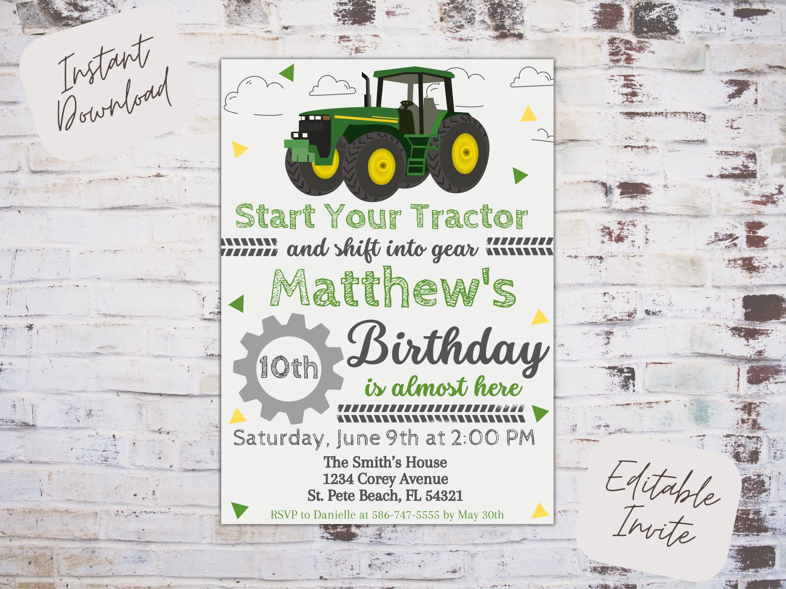 Editable Tractor Birthday Invitation, Green Tractor Birthday Invite ...
