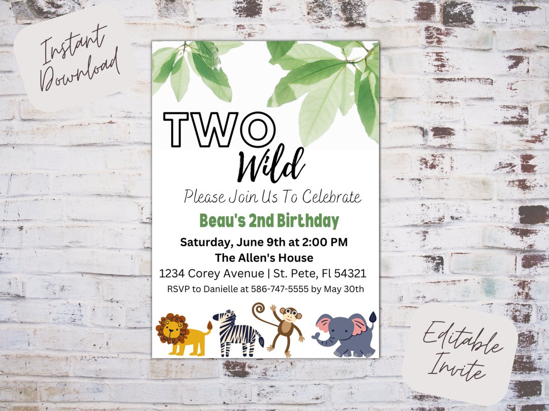 Editable Two Wild Birthday Party Invitation, Too Wild Birthday Invite ...