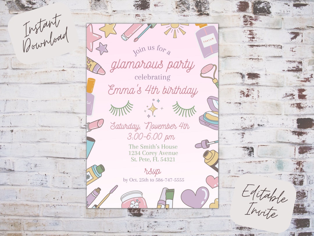 Editable Glamorous Birthday Invite, Make up Birthday Invitation, Make ...
