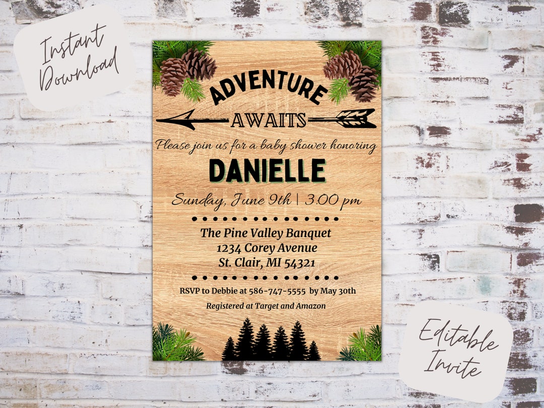 Editable Adventure Awaits Baby Shower Invitation, Outdoor Theme Baby ...