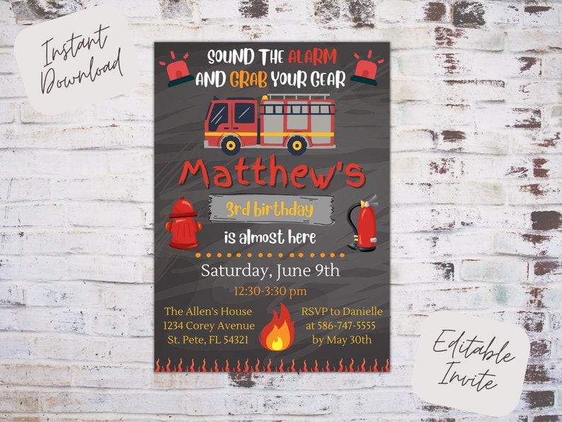 Editable Fire Truck Invitation Fire Truck Birthday - Etsy