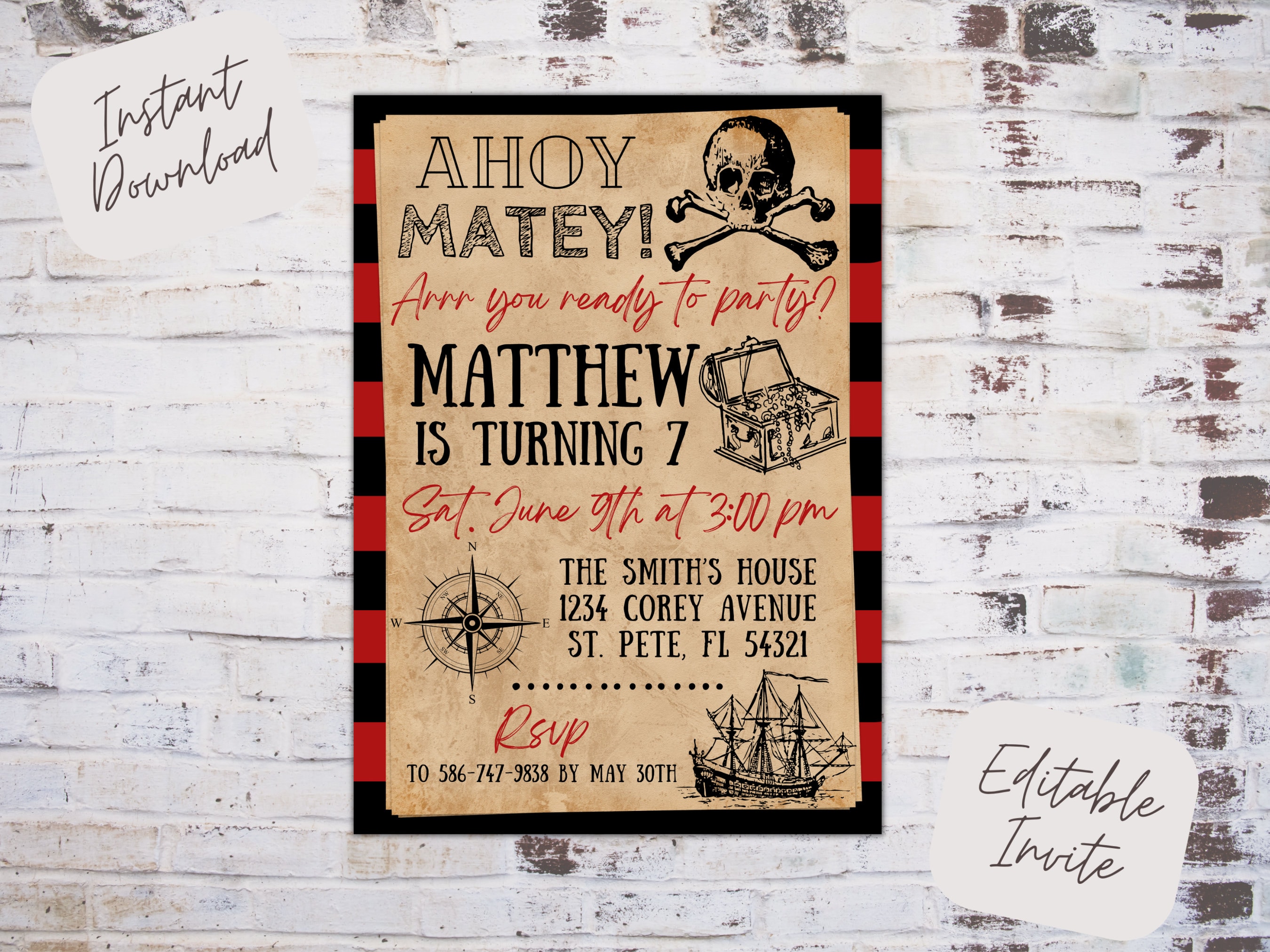 Editable Pirate Birthday Party Invitation, Ahoy Mate Invite, Pirate ...