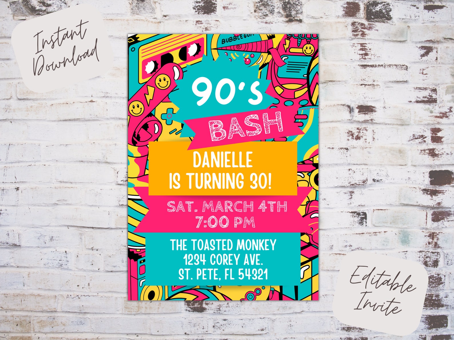 Editable 90's Birthday Invitation, 90s Theme Birthday Invite, 90s Party ...