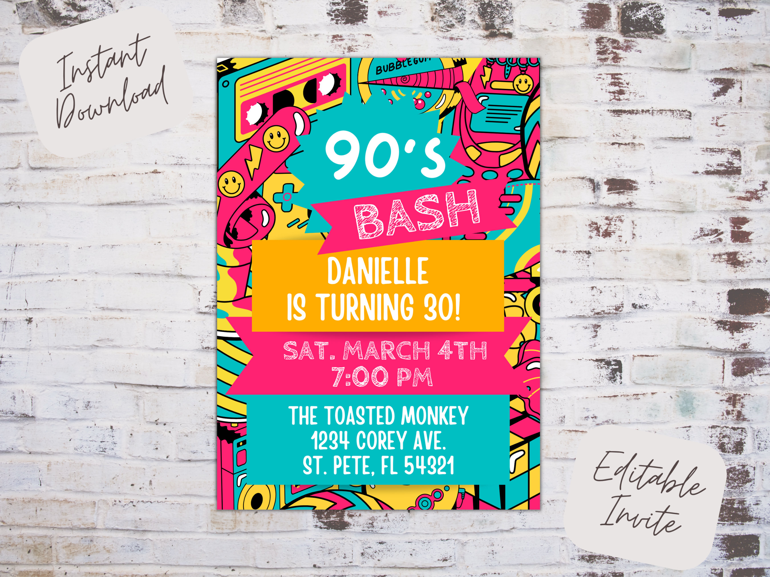 Editable 90's Birthday Invitation, 90s Theme Birthday Invite, 90s Party ...