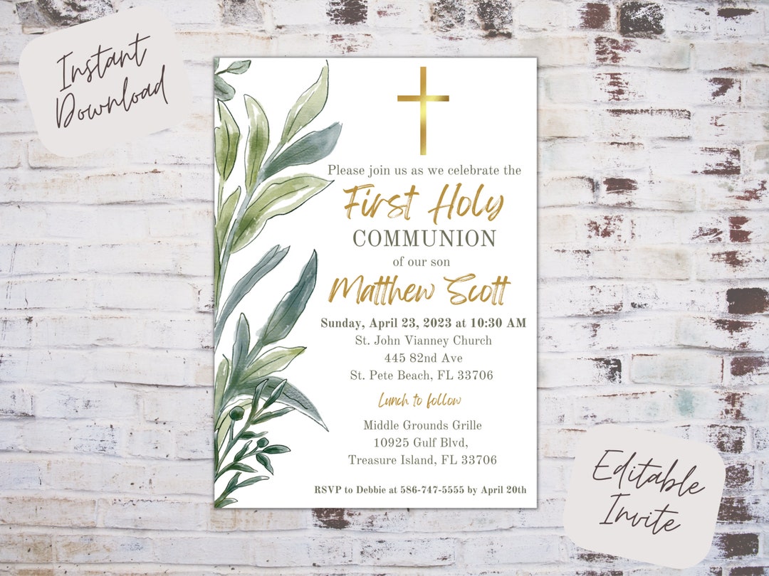Editable First Holy Communion Invitation, Greenery First Communion ...
