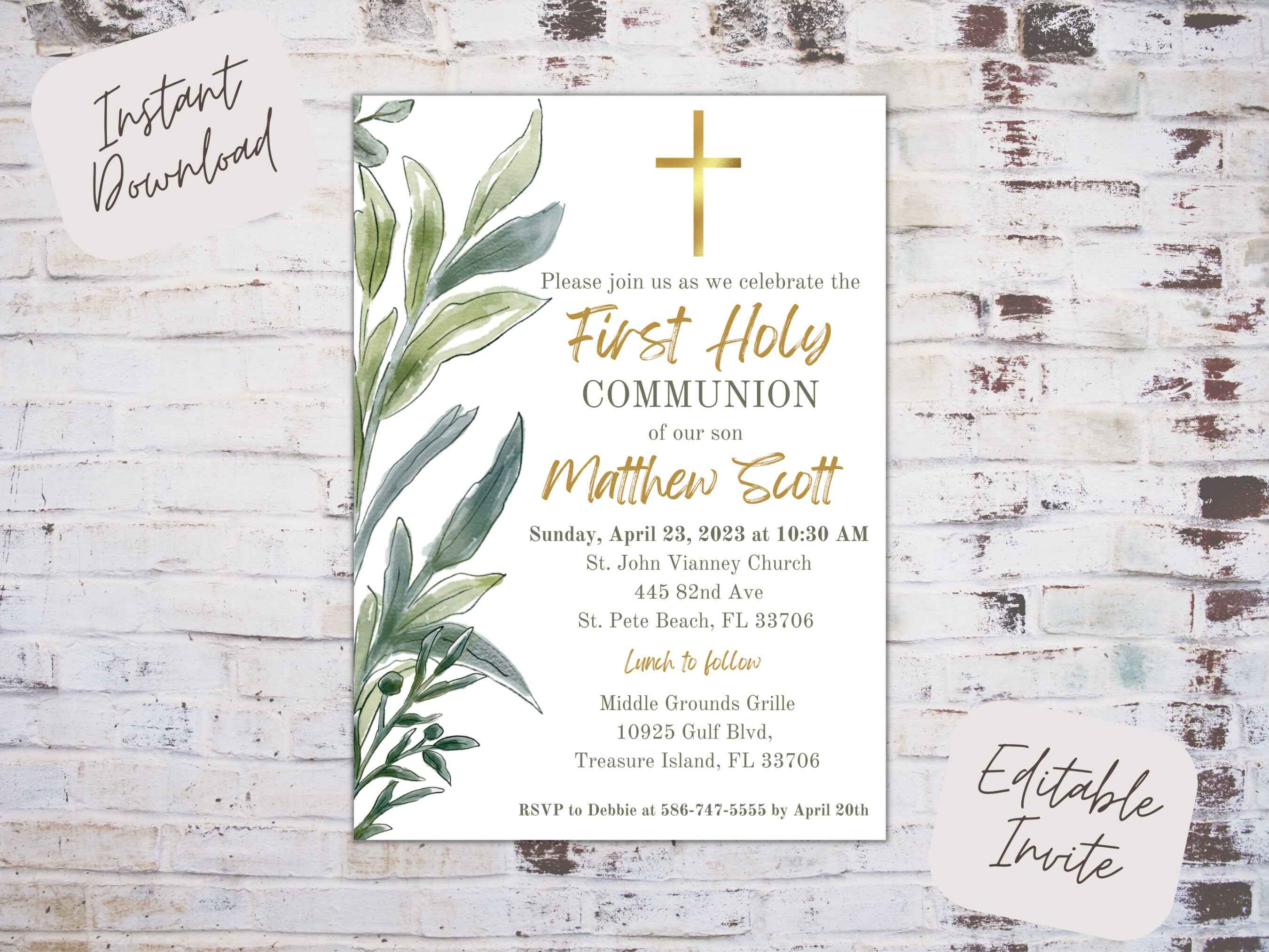 Editable First Holy Communion Invitation, Greenery First Communion ...