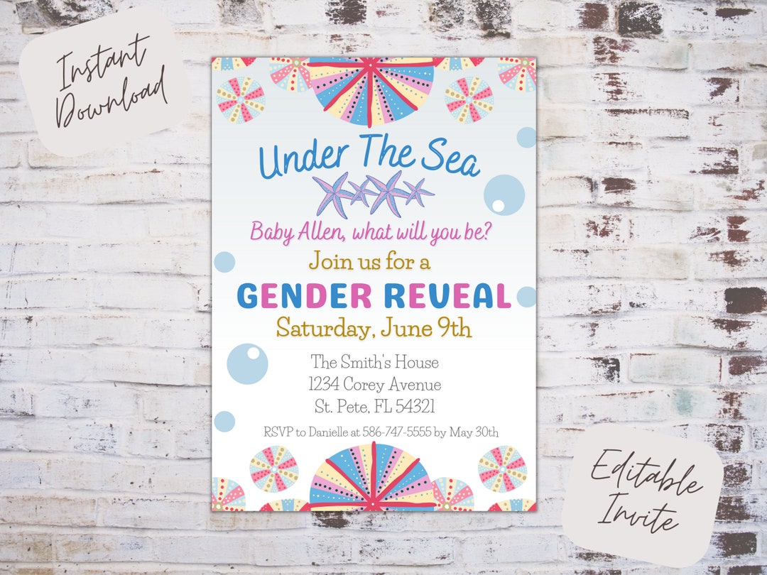 Editable Under the Sea Gender Reveal Invitation, Seashell Gender Reveal ...