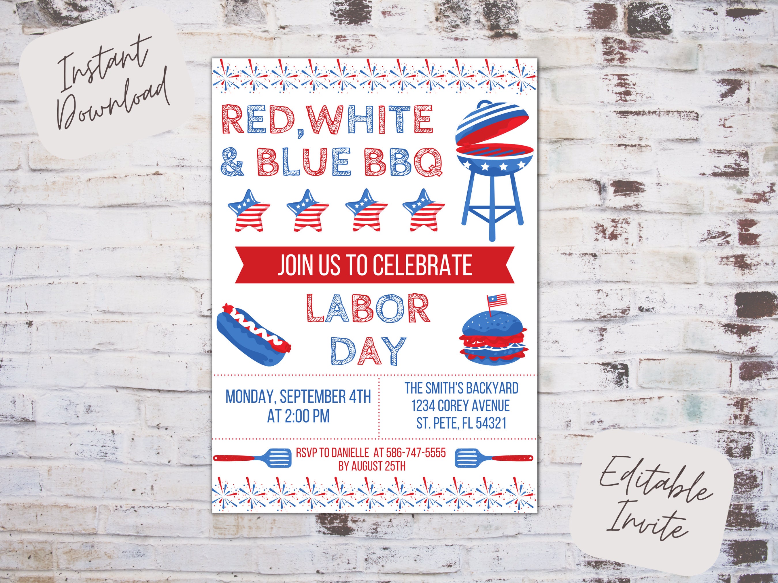 Editable Labor Day Barbecue Invitation, Labor Day BBQ, Labor Day Invite ...