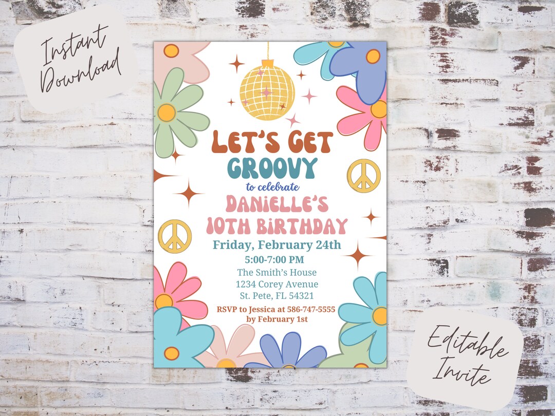 Editable Groovy Birthday Invitation, Hippie Birthday Invite, 70's Theme ...