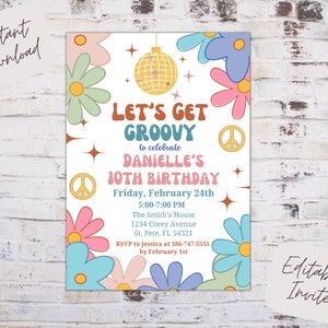 Editable Groovy Birthday Invitation, Hippie Birthday Invite, 70's Theme ...