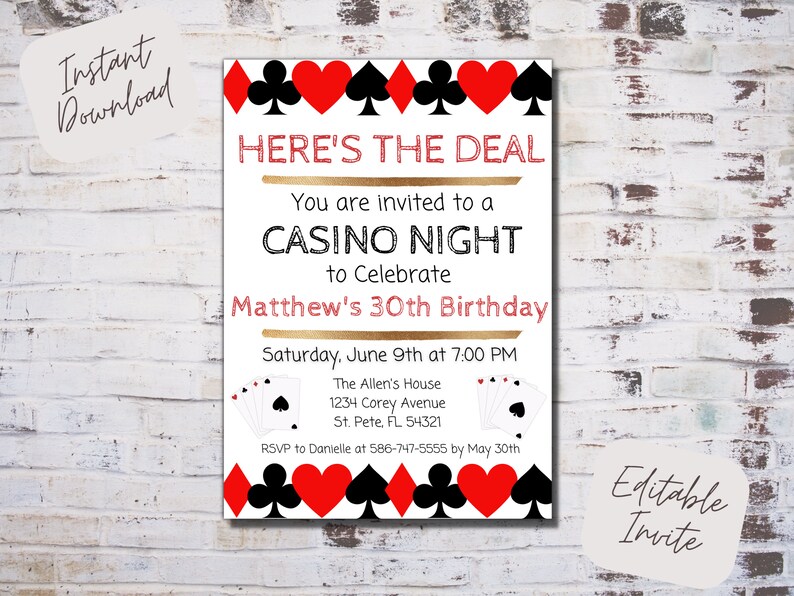 Editable Casino Birthday Invitation, Poker Birthday Invitation, Casino ...