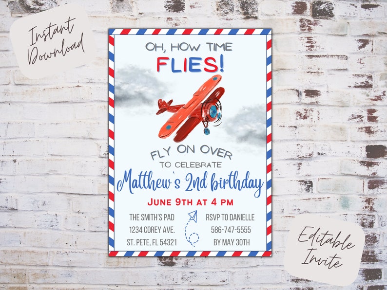 Editable Airplane Birthday Invitation, Airplane Invitation, Aviation ...
