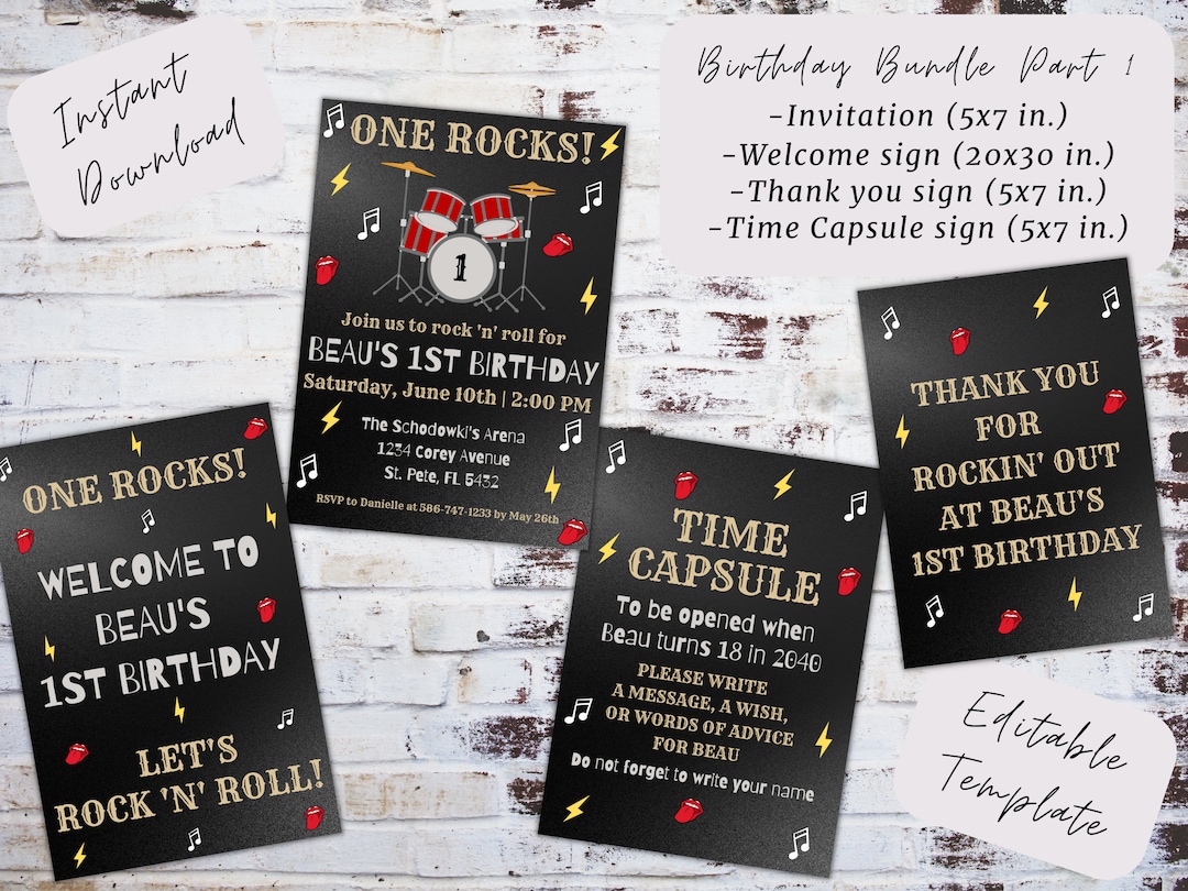 Editable One Rocks Birthday Invitation, Rock N Roll Birthday Party ...