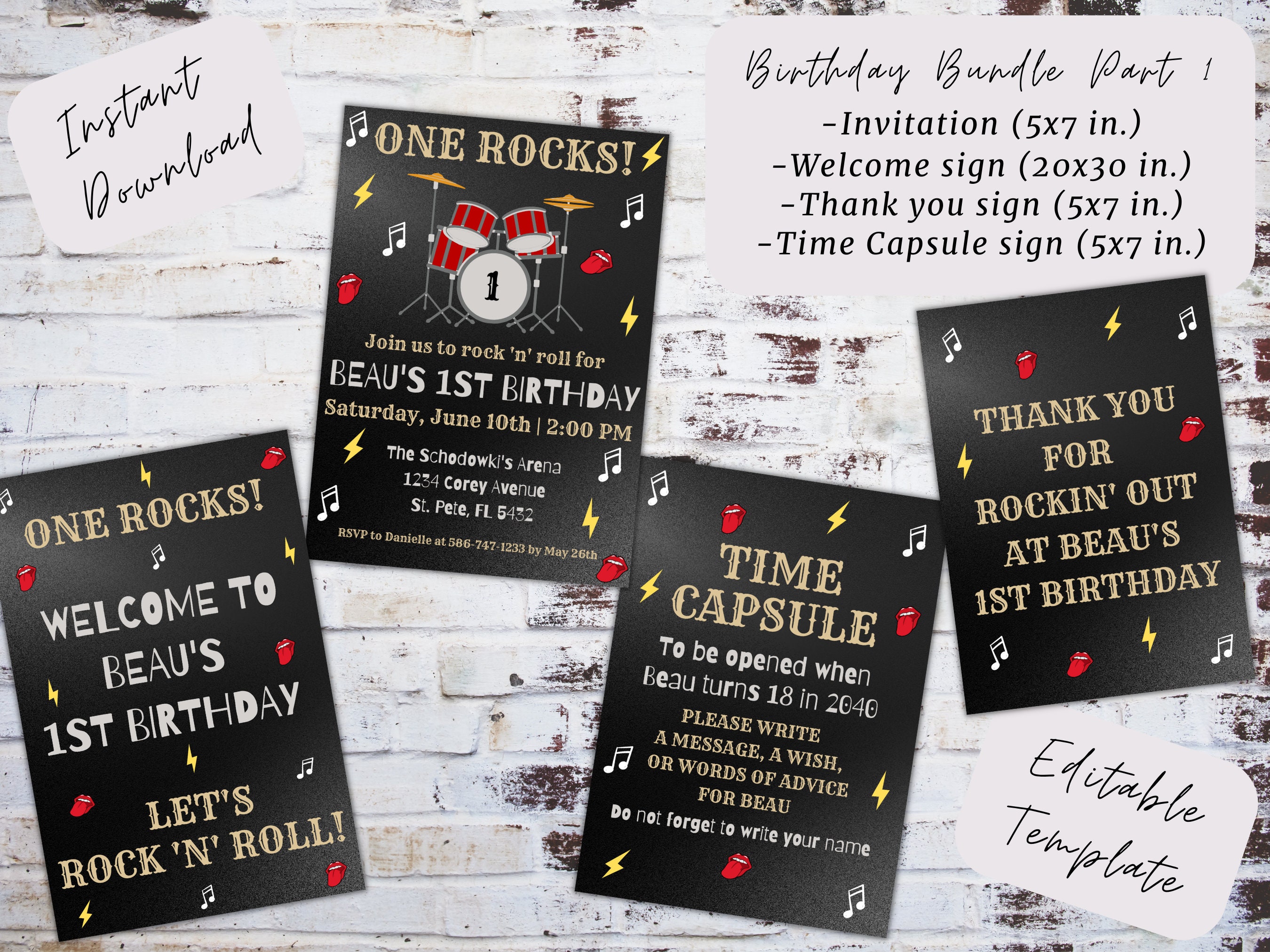 Editable One Rocks Birthday Invitation, Rock N Roll Birthday Party ...