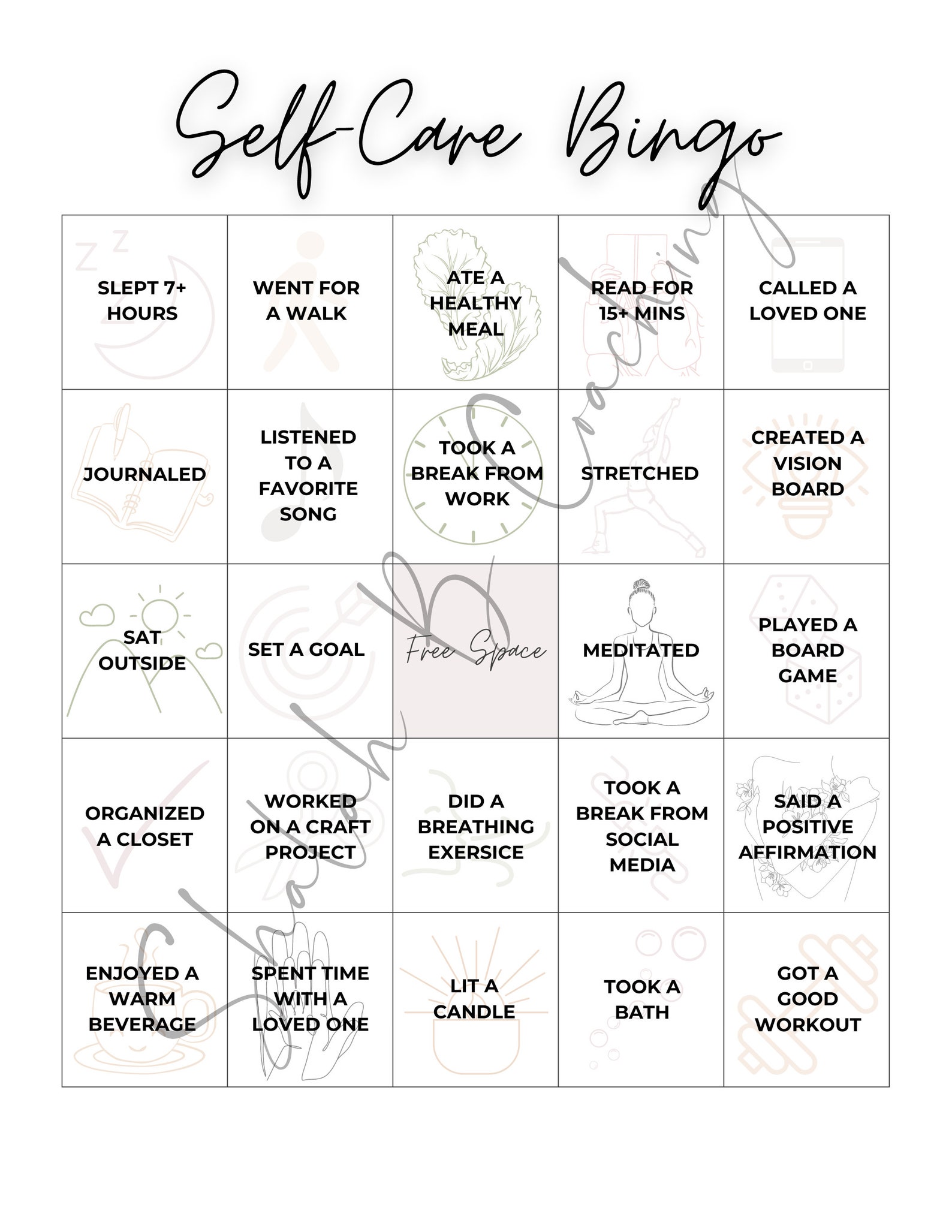 Self Care Bingo Mental Health Digital Download Health and Wellness Ice ...