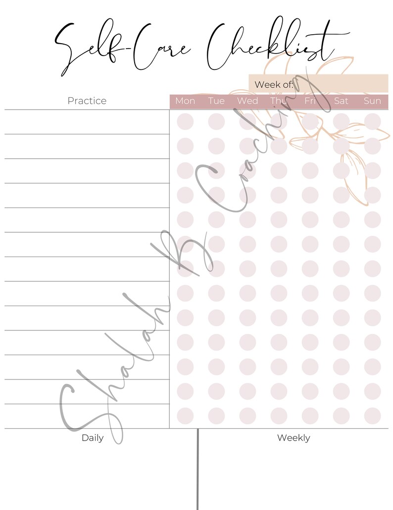Self Care Checklist Tracker Goal Setting Mental Health Digital Download