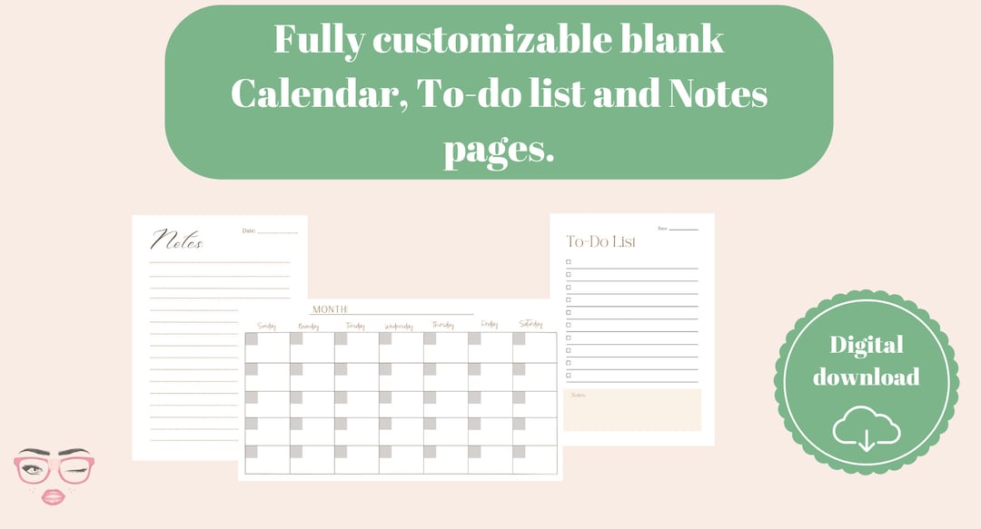 Printable Blank Calendar, To-do List and Notes Bundle Monthly Planner ...