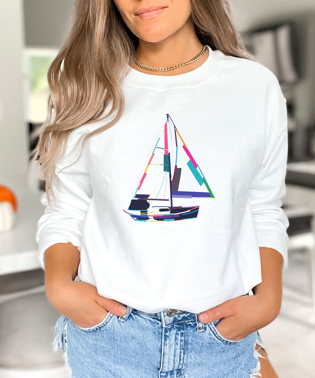 Bright Sailboat Outline Sweatshirt - Vibrant Nautical Design - Cozy ...