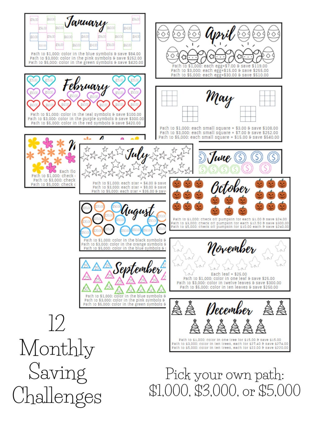 Printable Saving Challenges 12 Monthly Challenges Pick Your Amount ...