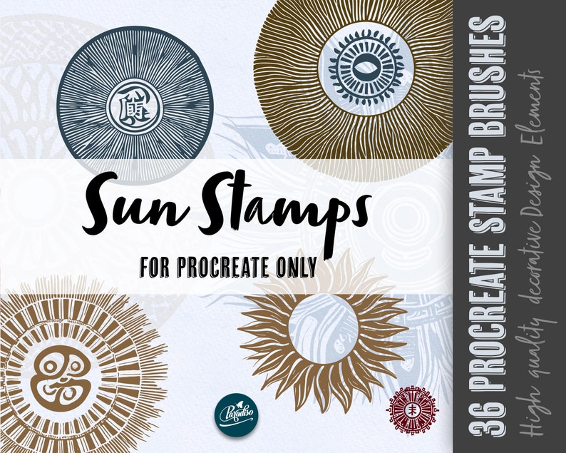 Procreate Brushes, Set of 36 Procreate Stamp Brushes Vintage Sun Symbol ...