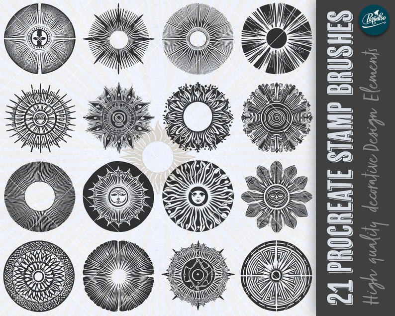 Procreate Brushes, Set of 36 Procreate Stamp Brushes Vintage Sun Symbol ...