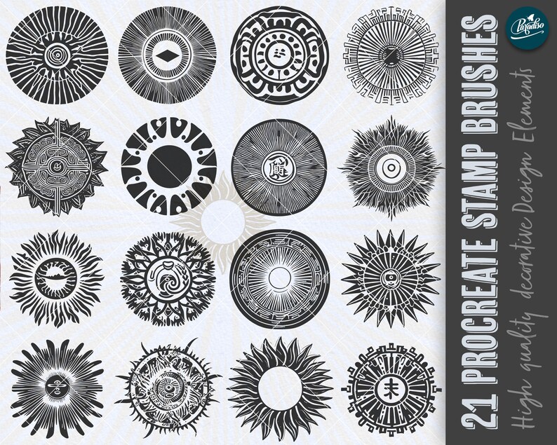Procreate Brushes, Set of 36 Procreate Stamp Brushes Vintage Sun Symbol ...