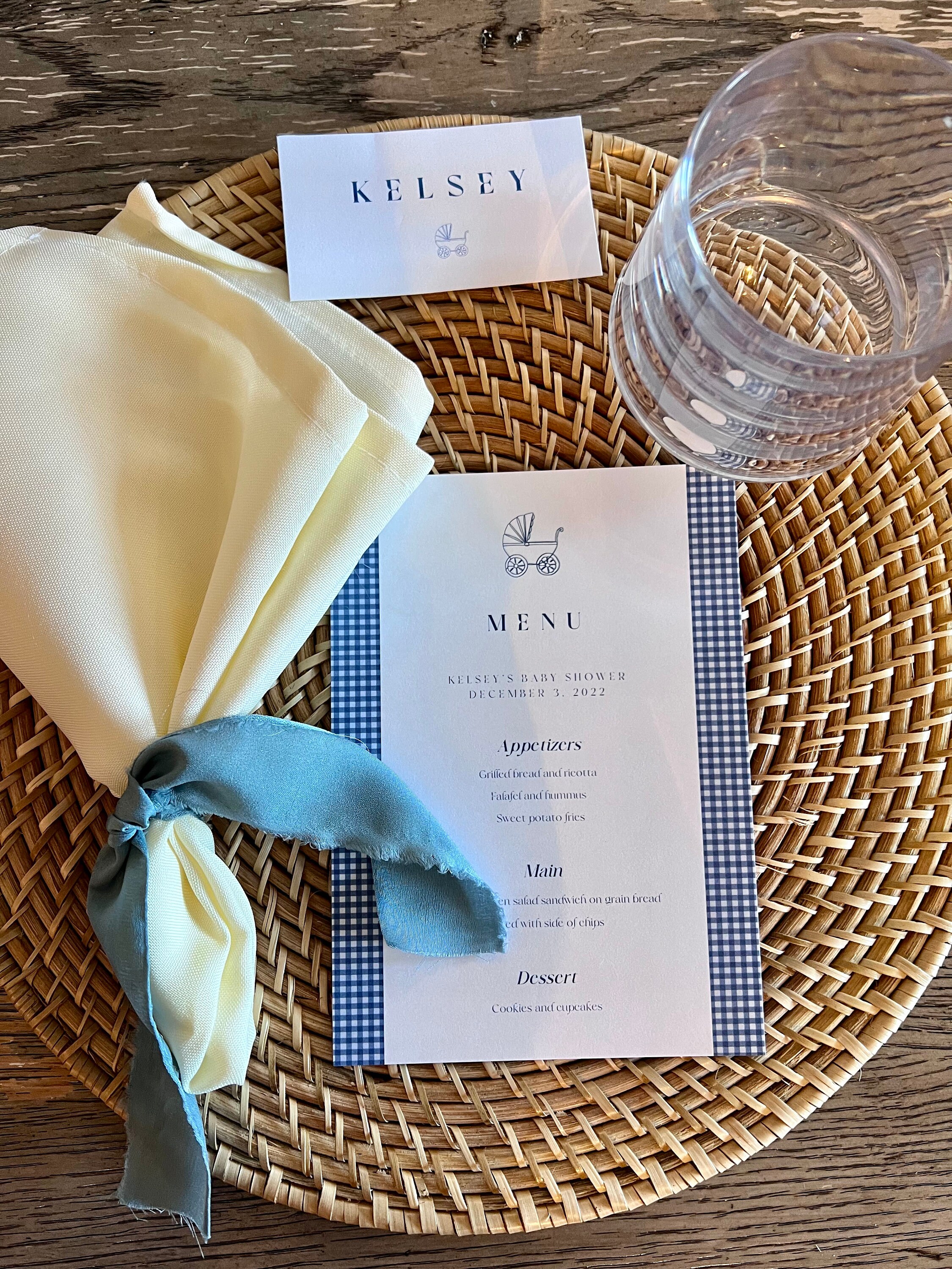 Editable Gingham Blue Baby Shower Luncheon Menu, Carriage Baby Shower ...
