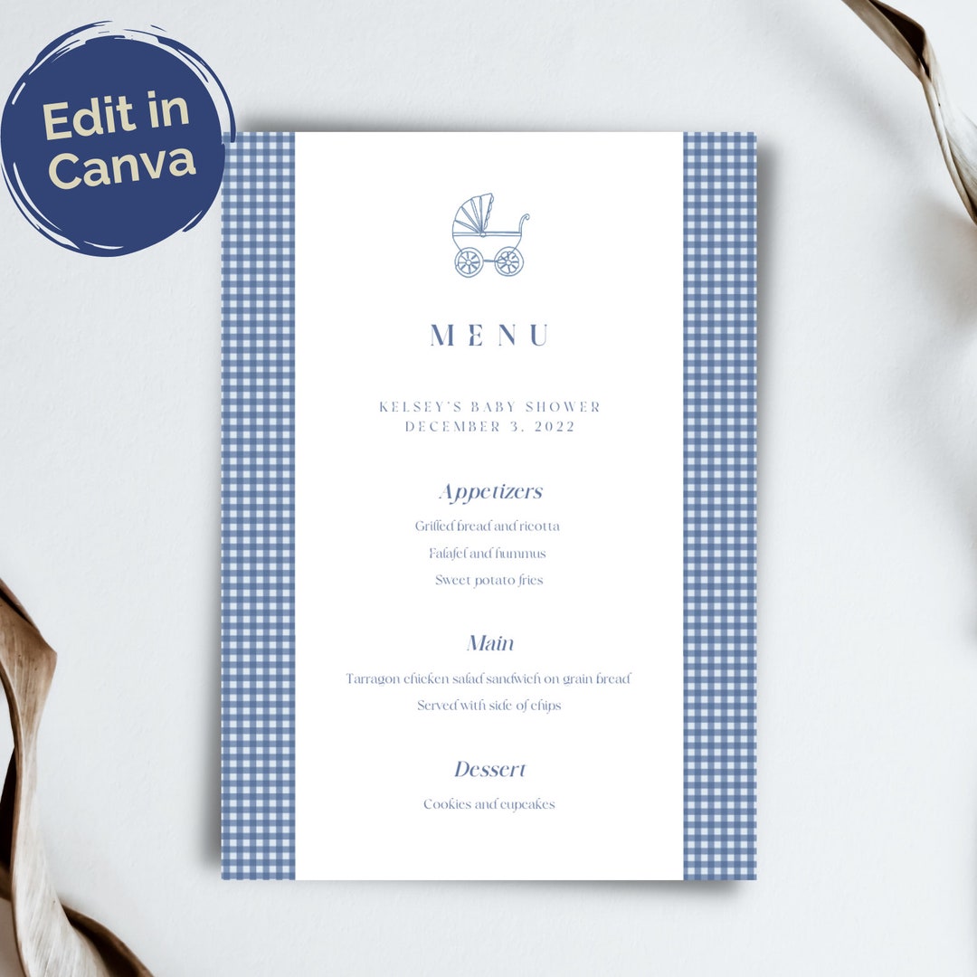 Editable Gingham Blue Baby Shower Luncheon Menu, Carriage Baby Shower ...