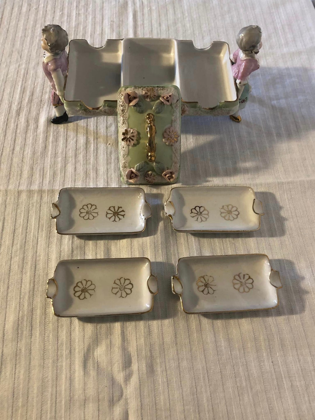 Antique Early 1900's Porcelain Boy and Girl Gold Trim Ashtray Set 4 ...