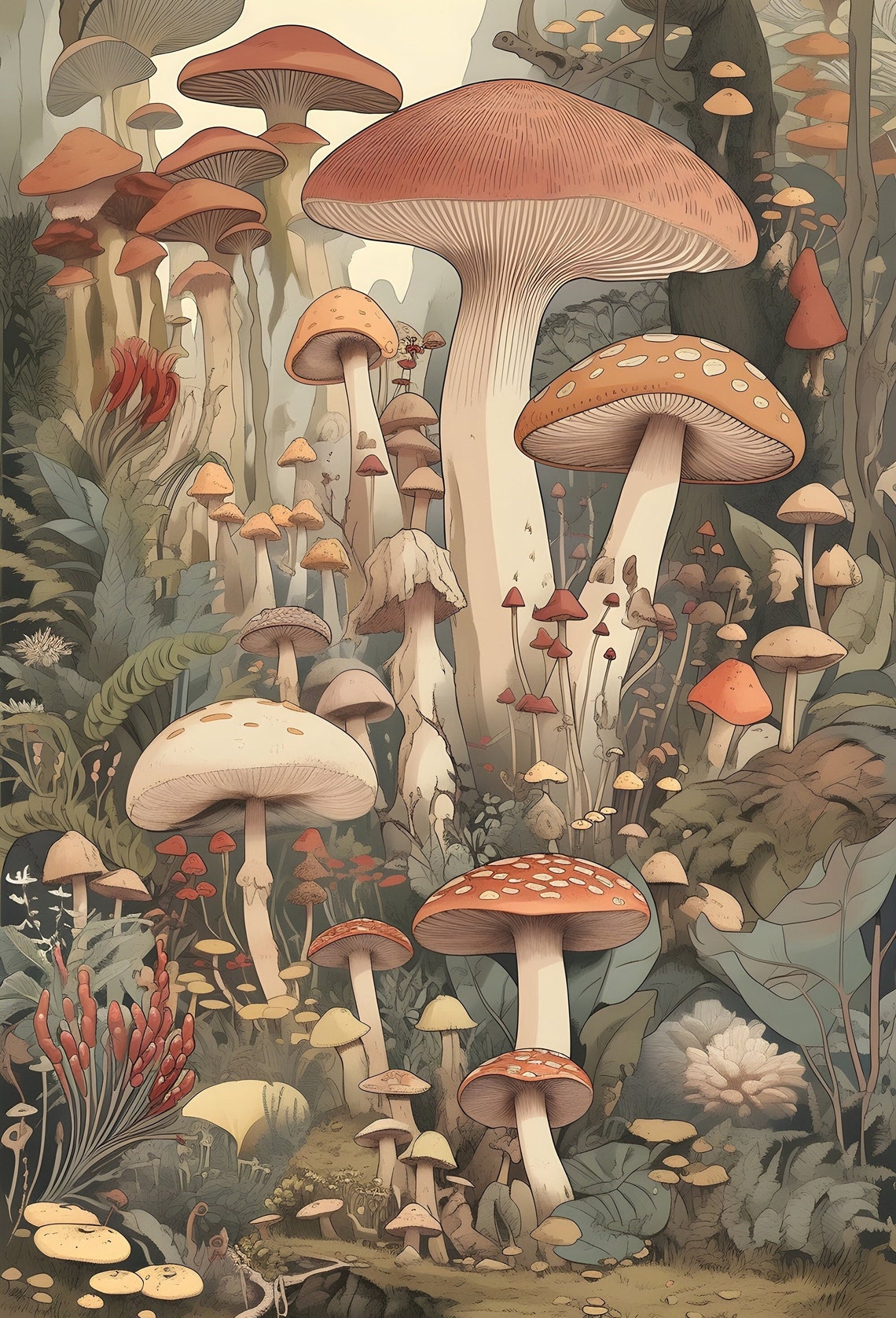Mushroom Wall Art Fantasy Mushroom Forest Vintage Botanical ...