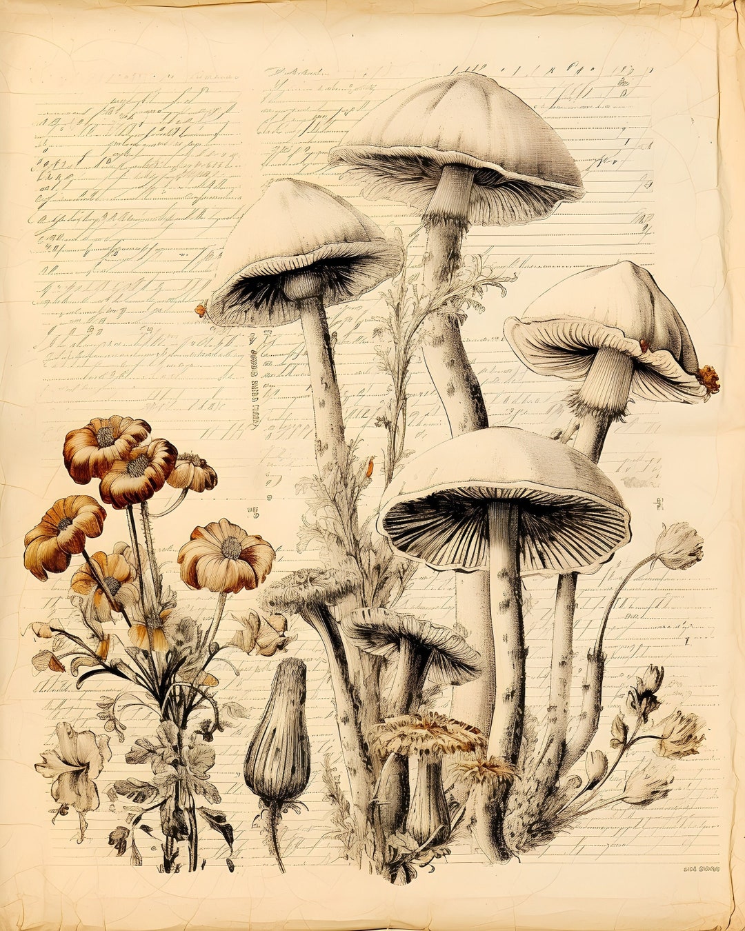 Mycology Vintage Mushroom Botanical Drawing on Parchment Digital ...