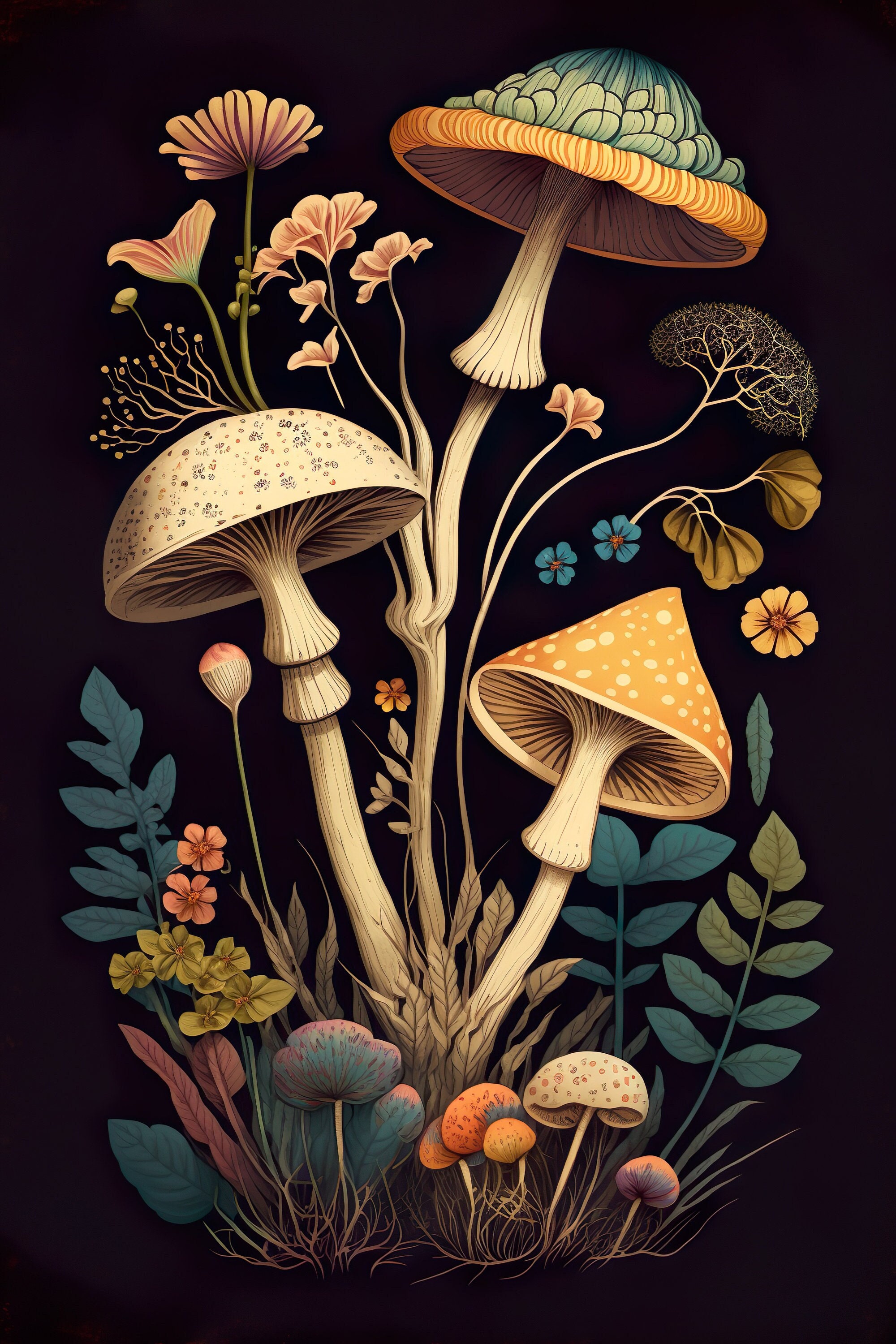 Contemporary Mushroom Poster Botanical Illustration Style Digital ...