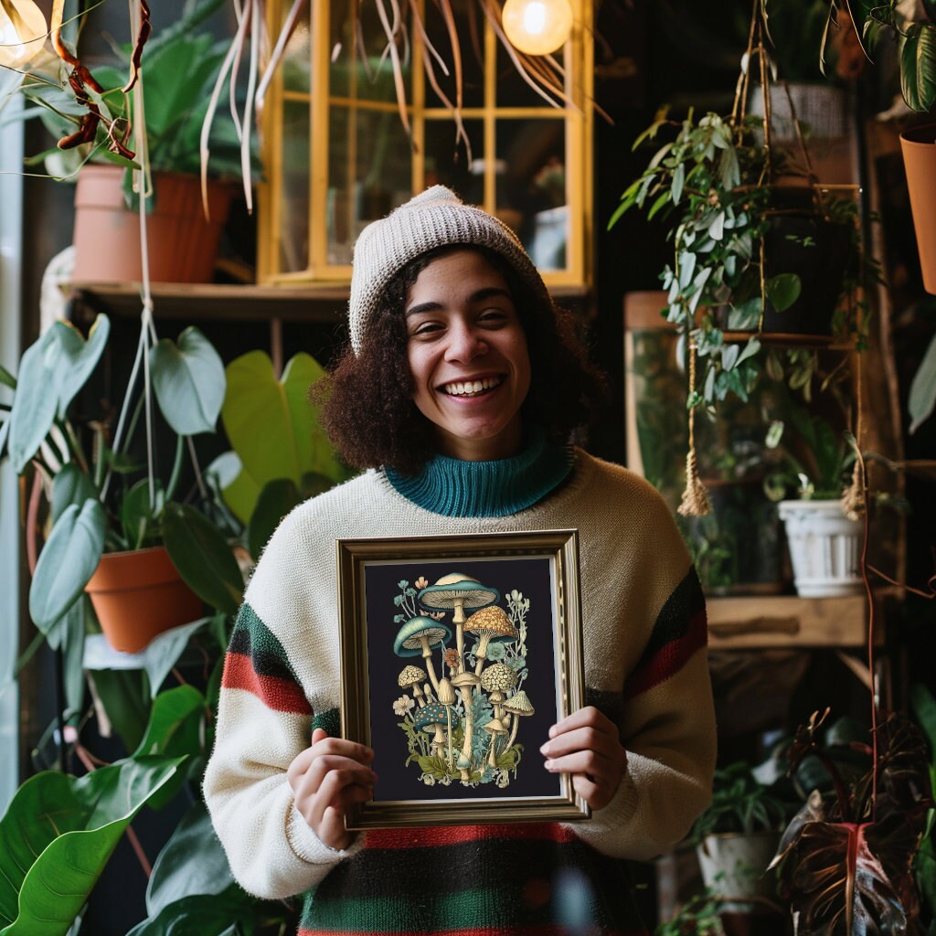 Retro Botanical Drawing Style Mushroom Poster in Illustrative Digital ...