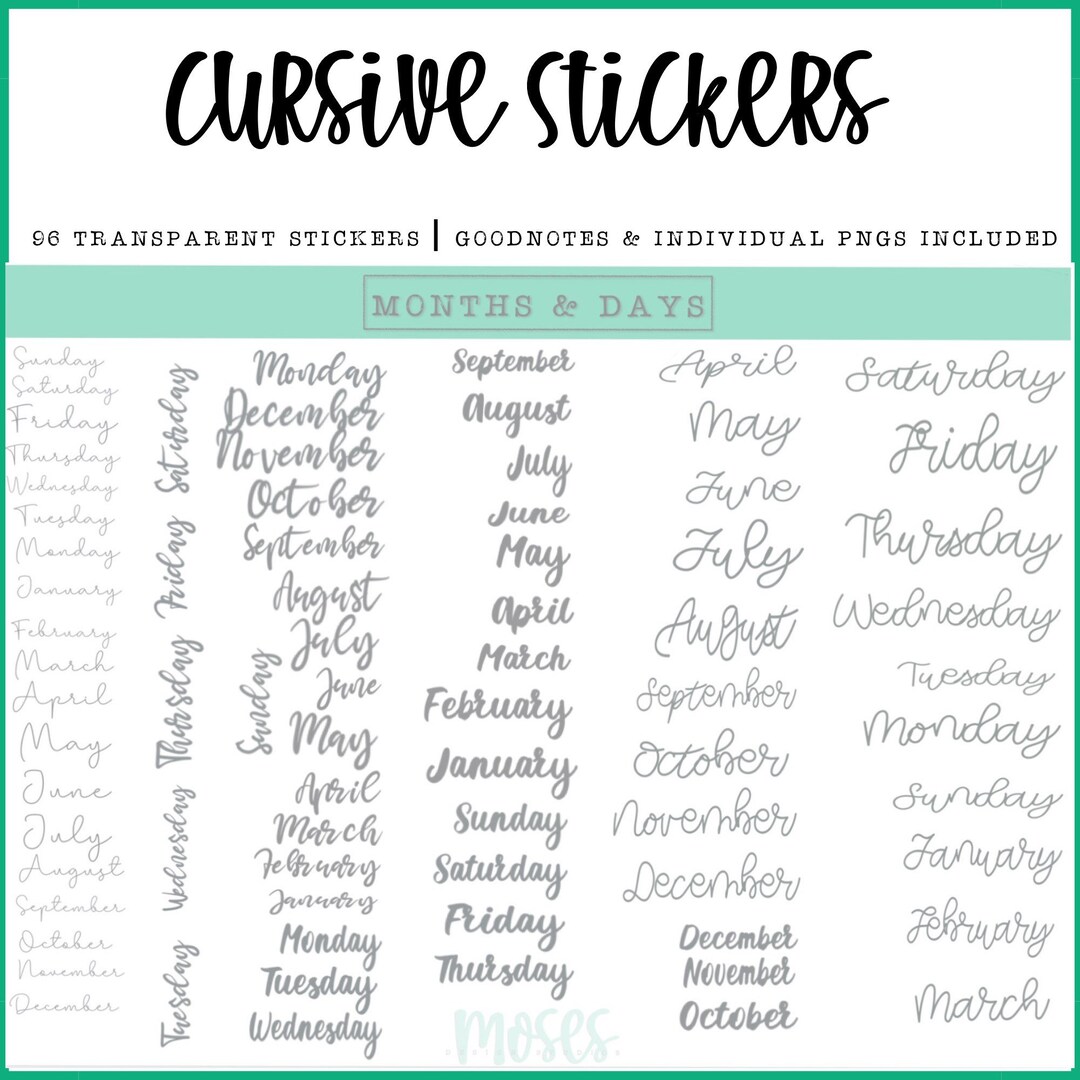 4 PACK CURSIVE STICKERS Months and Days Cursive - Etsy