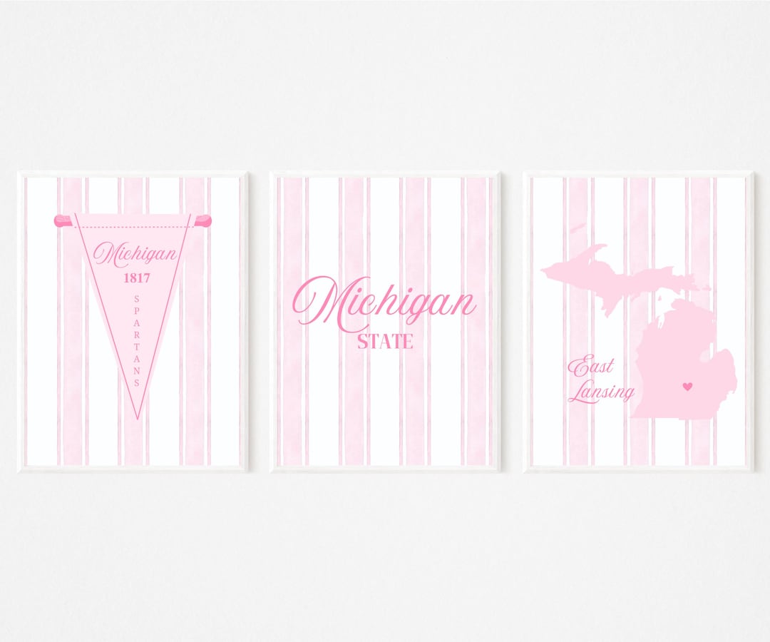Pink Michigan State Digital Prints - Stripes and Pennant - SET OF 3 - Etsy