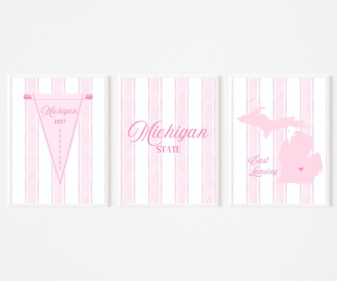 Pink Michigan State Digital Prints - Stripes and Pennant - SET OF 3 - Etsy