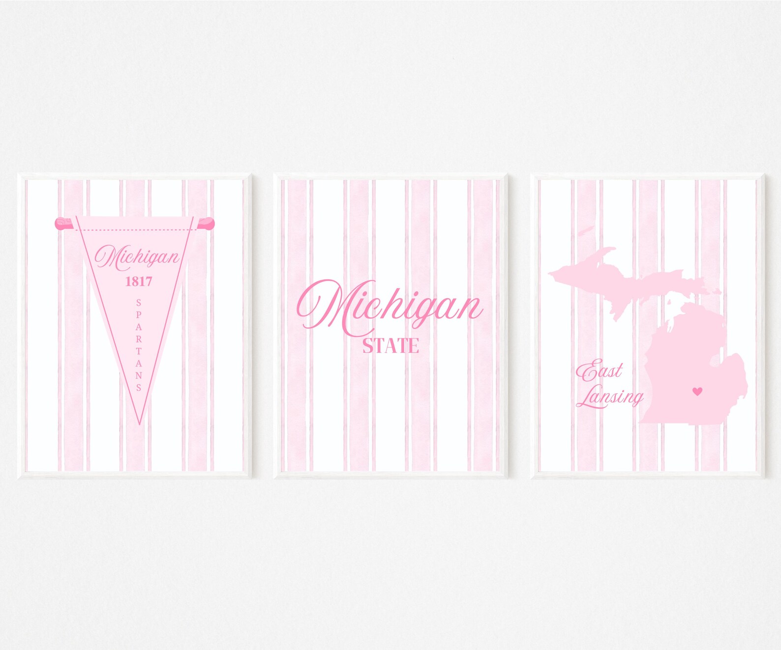 Pink Michigan State Digital Prints - Stripes and Pennant - SET OF 3 - Etsy